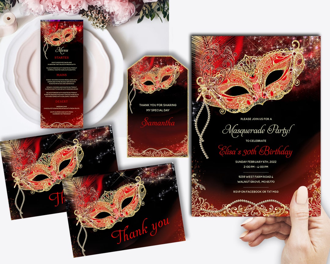 Editable Themes for Masquerade Party Bundle, Black Red Gold Birthday ...
