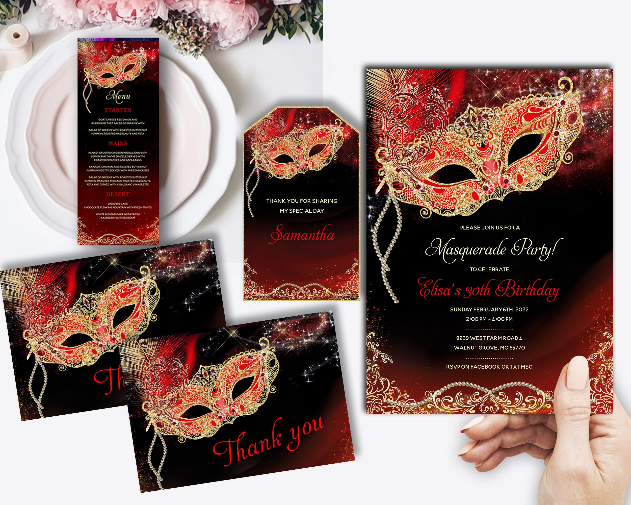 Editable Themes for Masquerade Party Bundle, Black Red Gold Birthday ...
