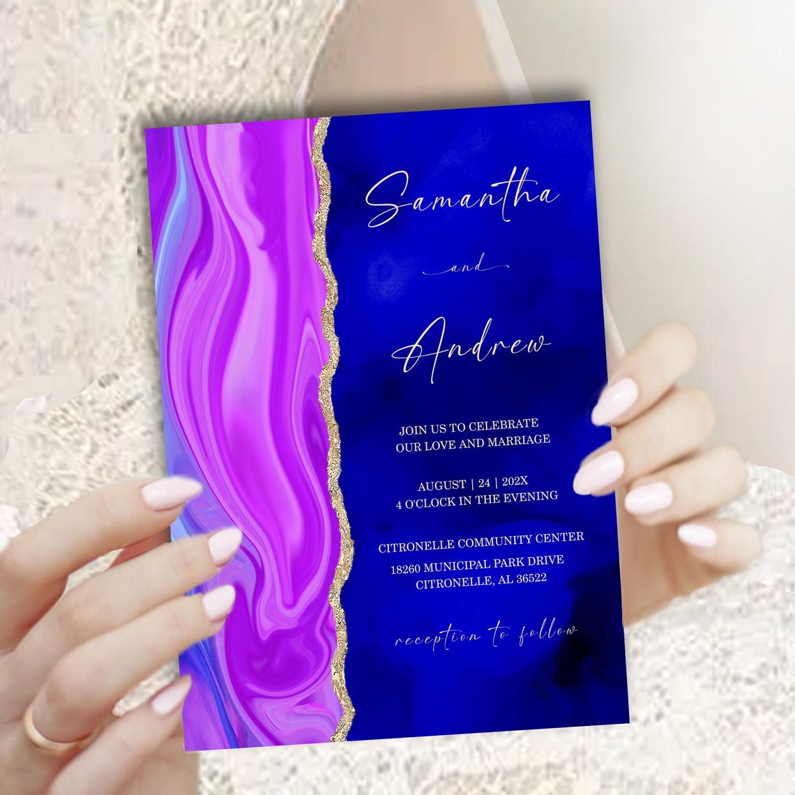 Modern Royal Blue and Purple Gold Wedding Invitations Set, Editable Blue Purple Template, Royal ...