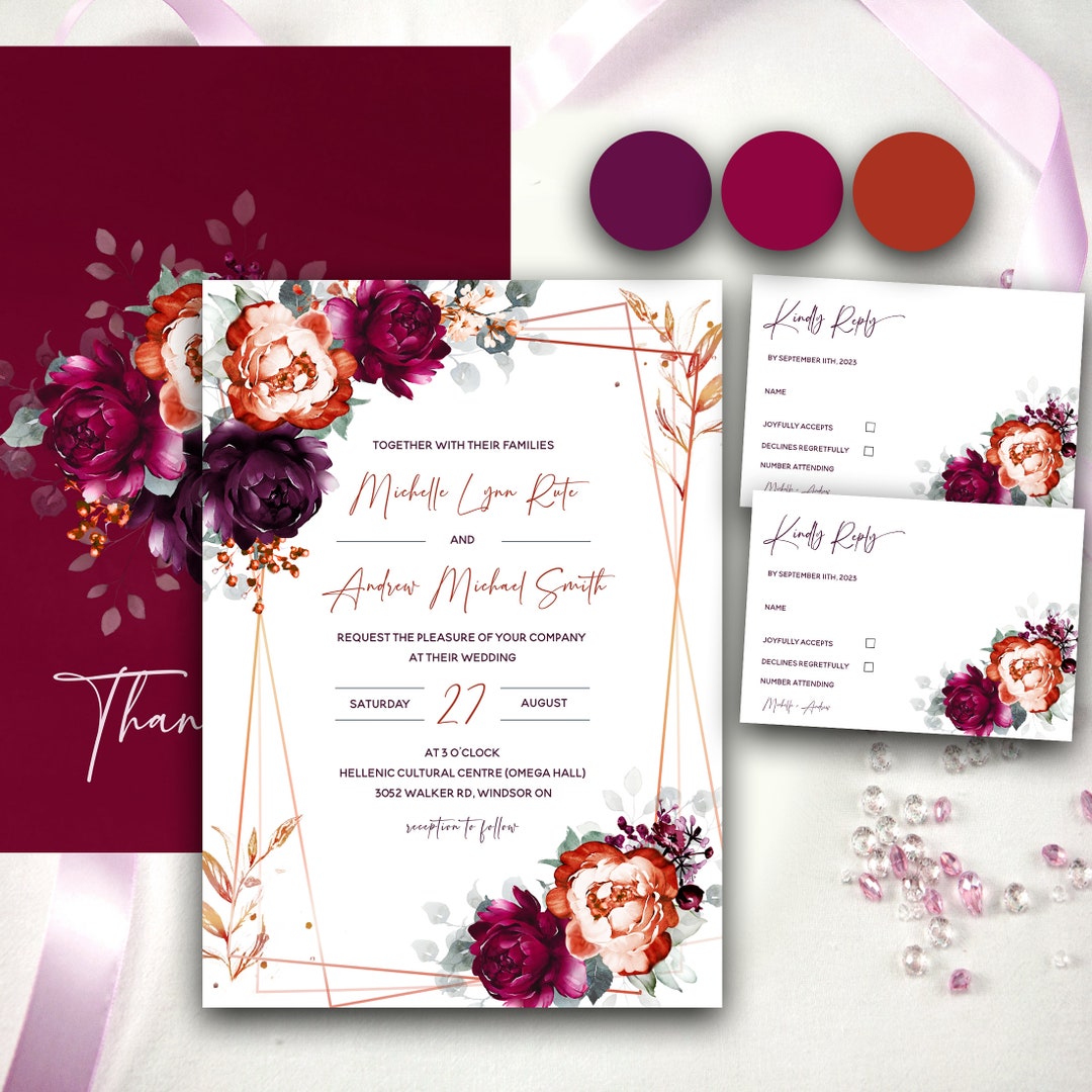 Plum, Mauve and Orange Wedding Invitation, Editable Plum and Mauve ...