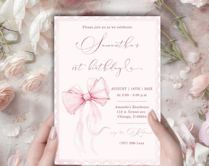 Pink Bow Birthday Invitation Template, Editable Pink Bow Invite, Girls ...
