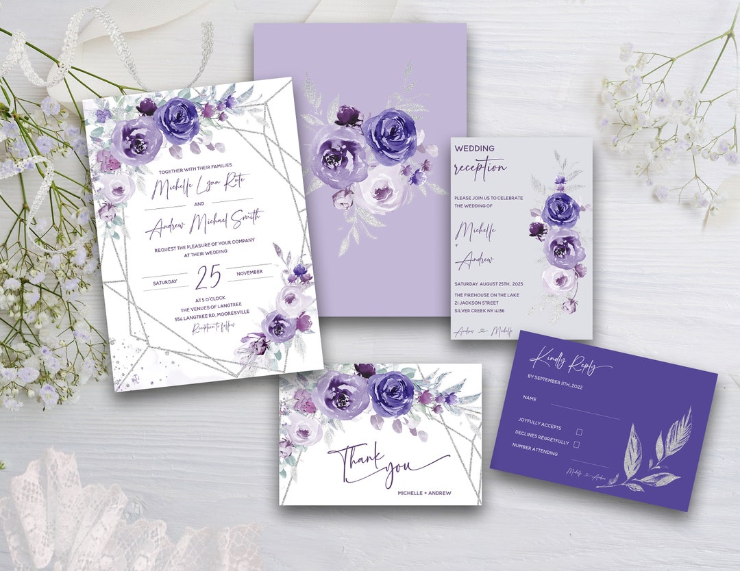Silver and Purple Wedding Invitation Kits, Purple Floral Wedding ...