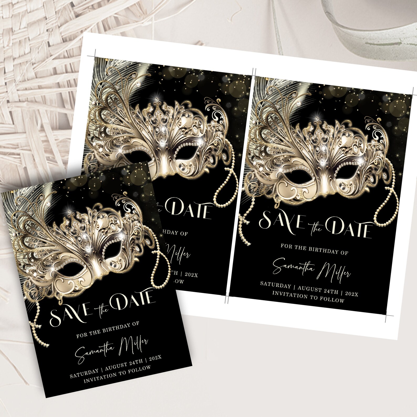 Editable Masquerade Save the Date, Black Gold Birthday Masquerade Save ...