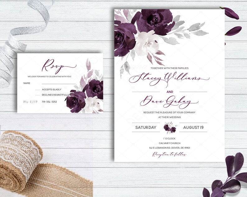 Plum and Grey Wedding Invitations Set Plum and Grey Wedding - Etsy