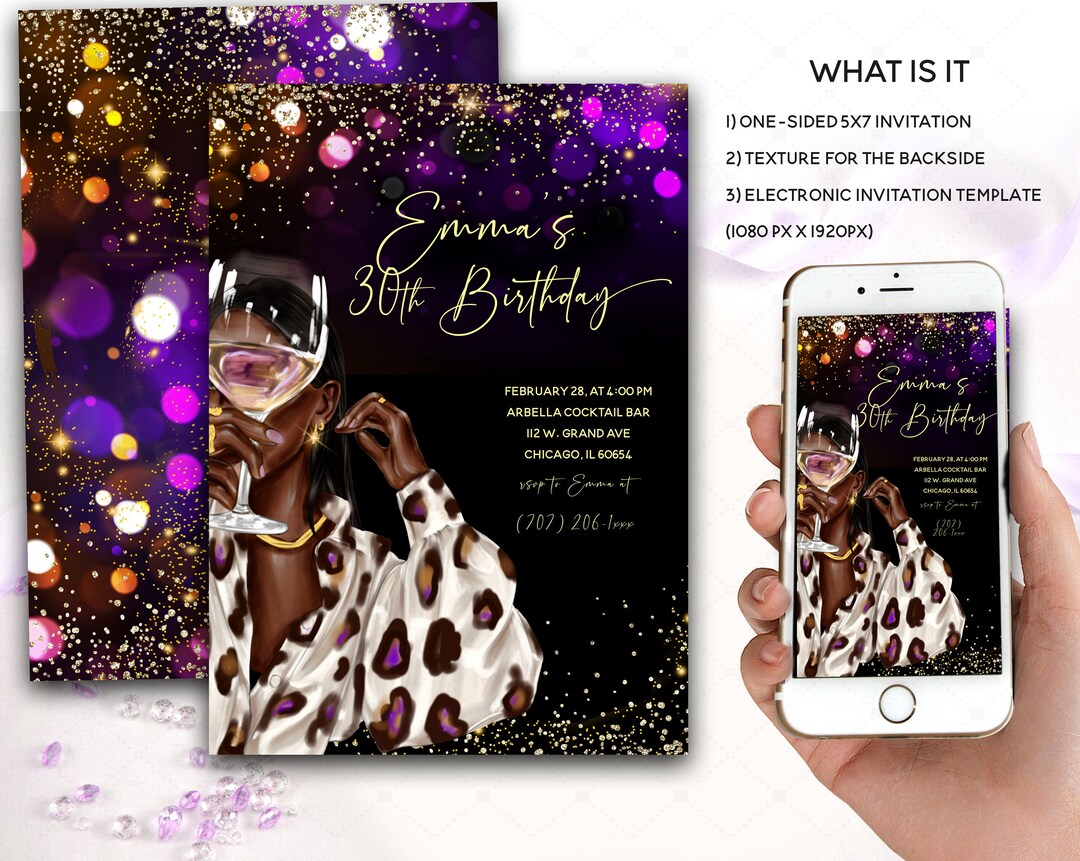 African American Woman Birthday Invitations, Editable Black Gold ...