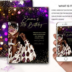 African American Woman Birthday Invitations, Editable Black Gold ...