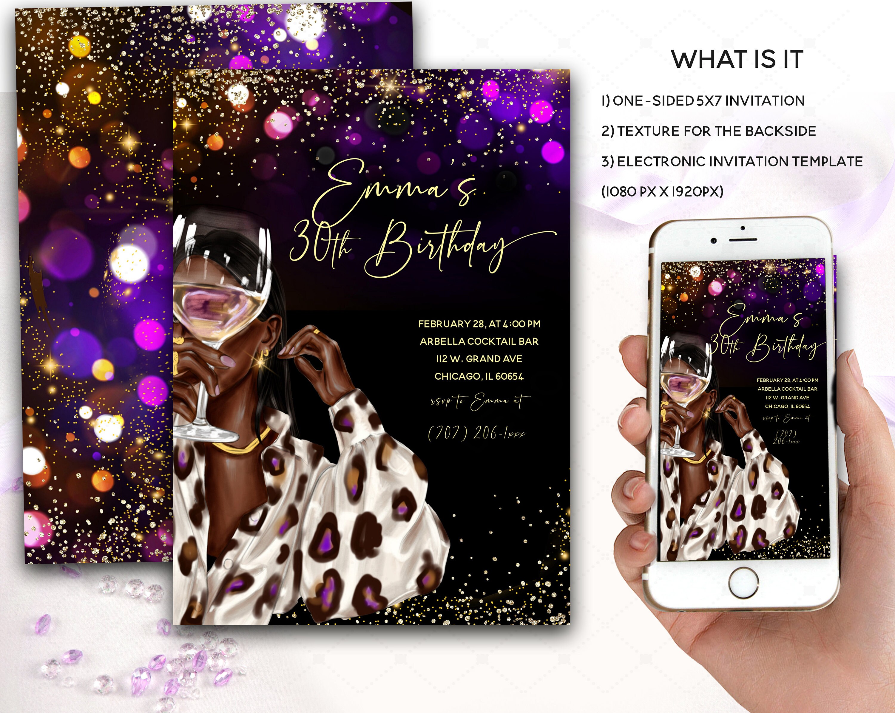 African American Woman Birthday Invitations, Editable Black Gold ...