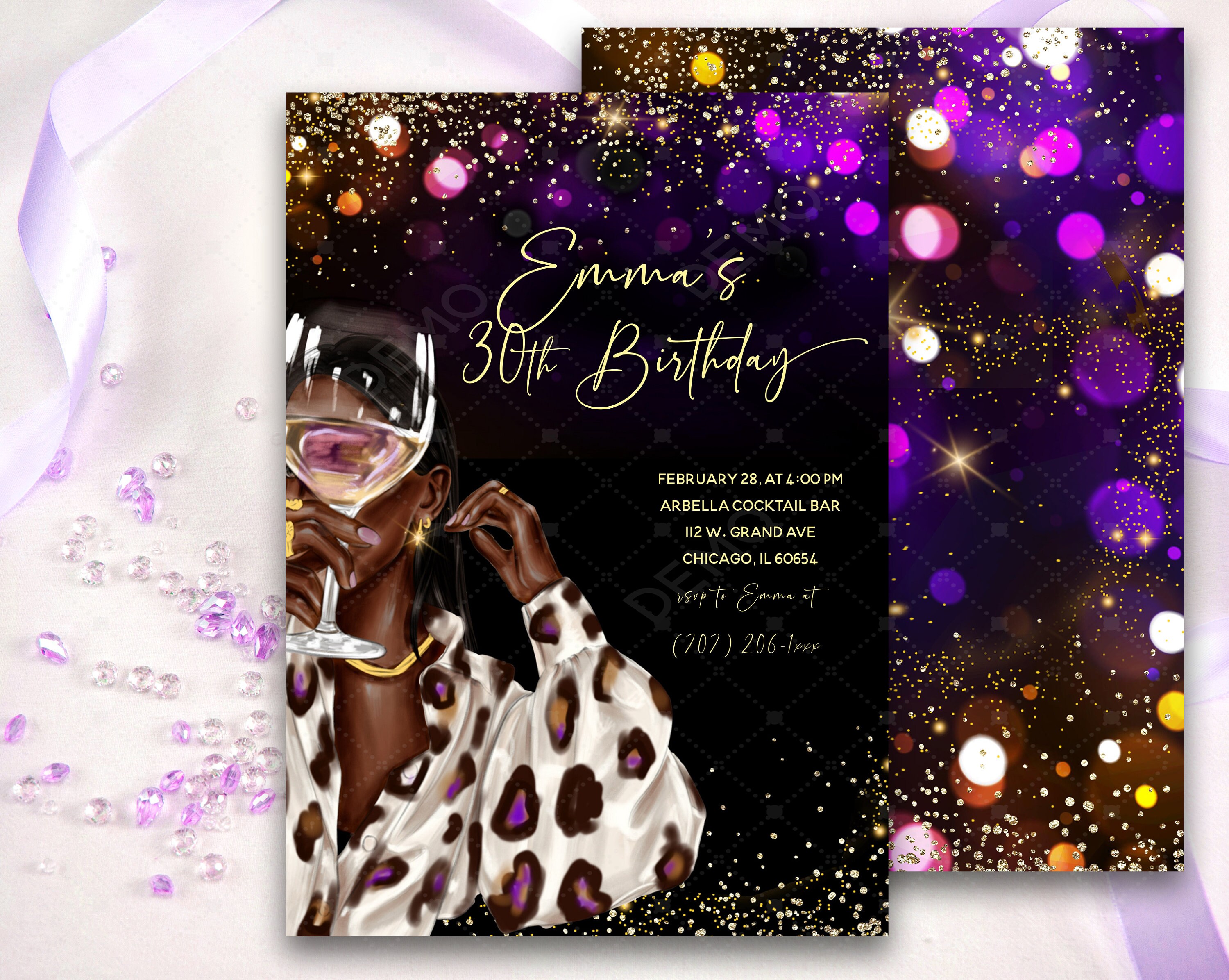 African American Woman Birthday Invitations, Editable Black Gold ...