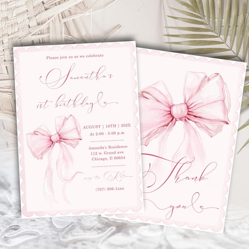 Pink Bow Birthday Invitation Template, Editable Pink Bow Invite, Girls ...