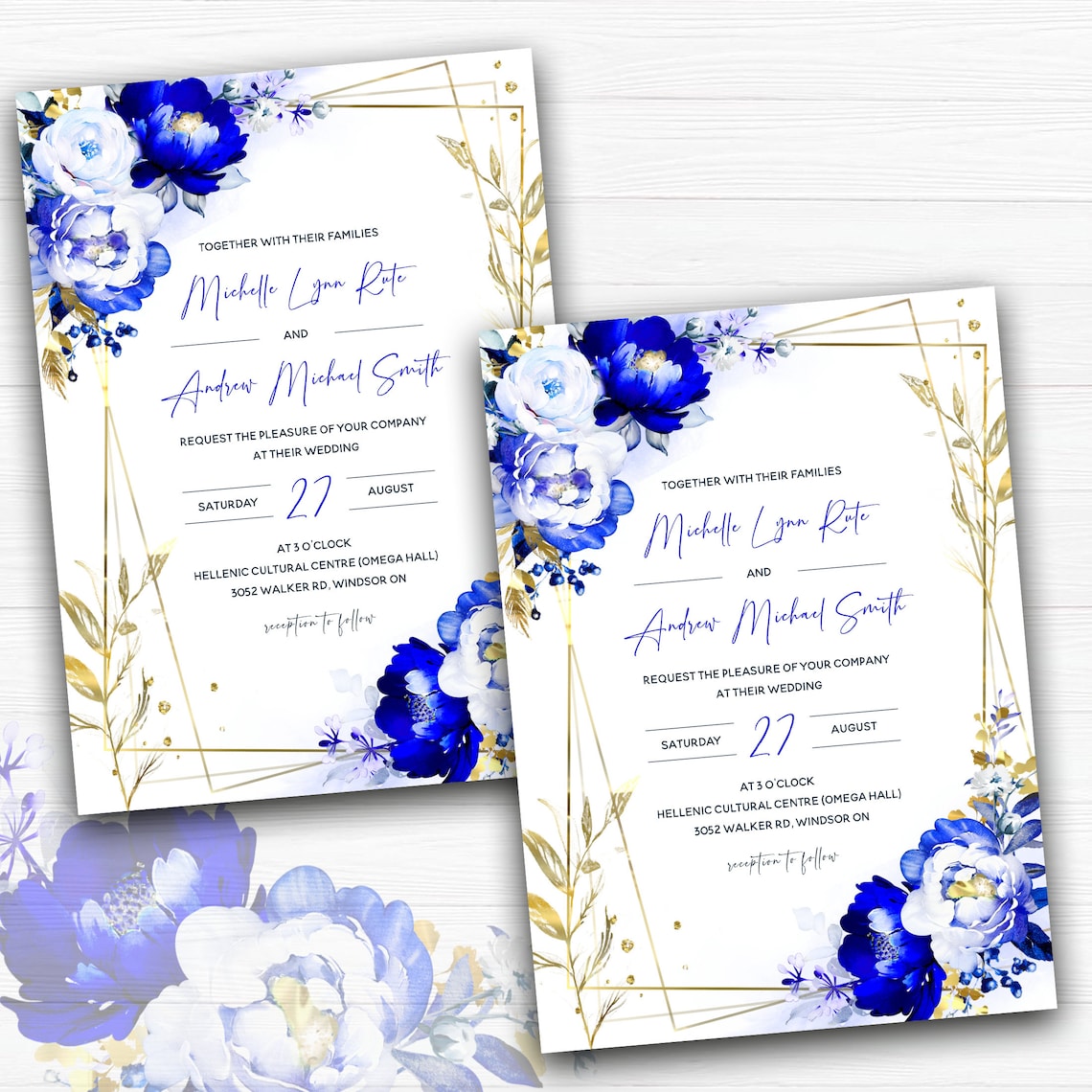 Royal Blue Wedding Invitation Template, Blue and Gold Wedding ...