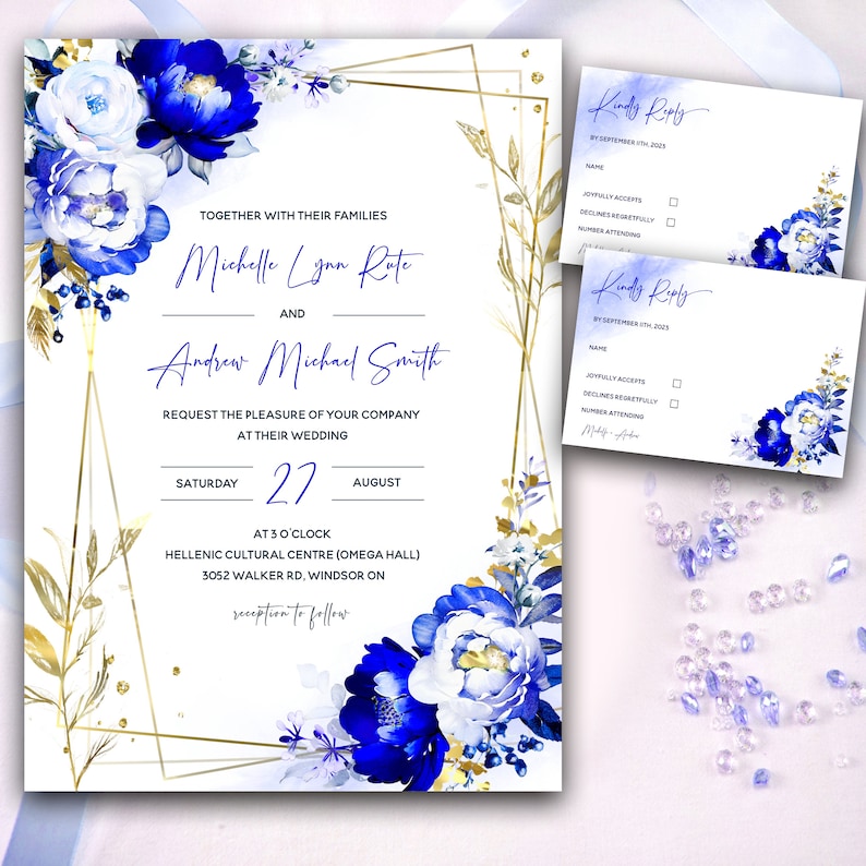 Royal Blue Wedding Invitation Template, Blue and Gold Wedding ...