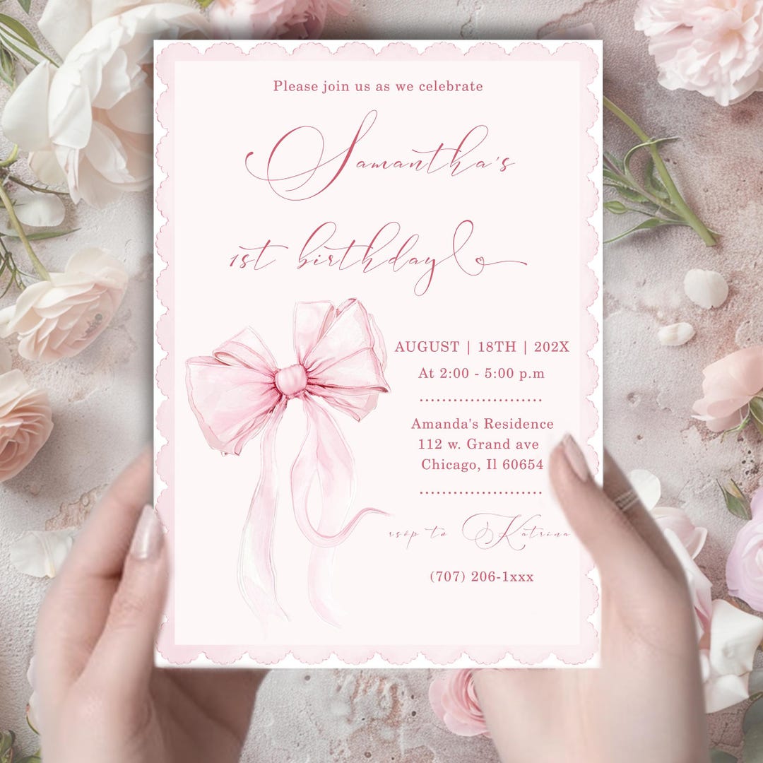 Pink Bow Birthday Invitation Template, Editable Pink Bow Invite, Girls ...
