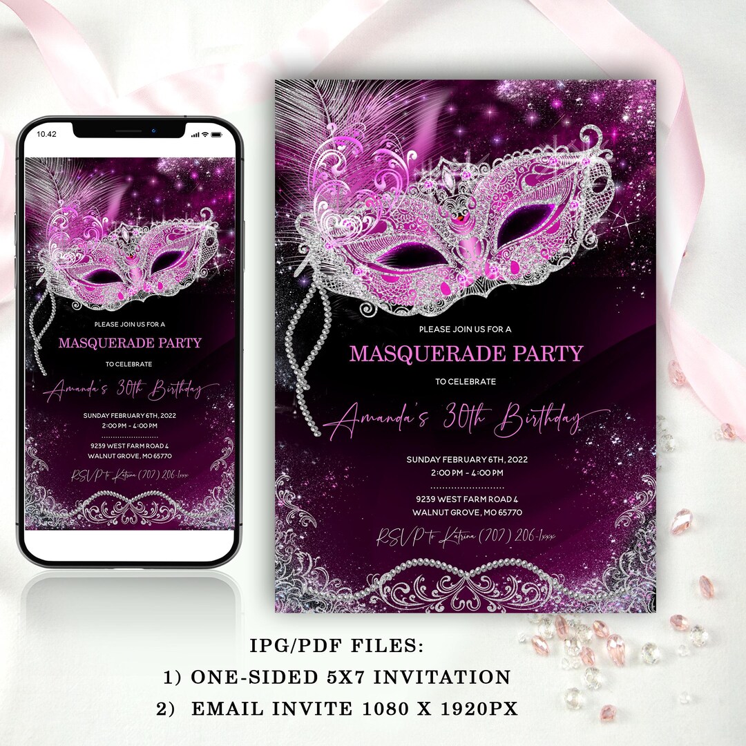 Editable Pink Themes for Masquerade Party, Birthday Masquerade Party ...