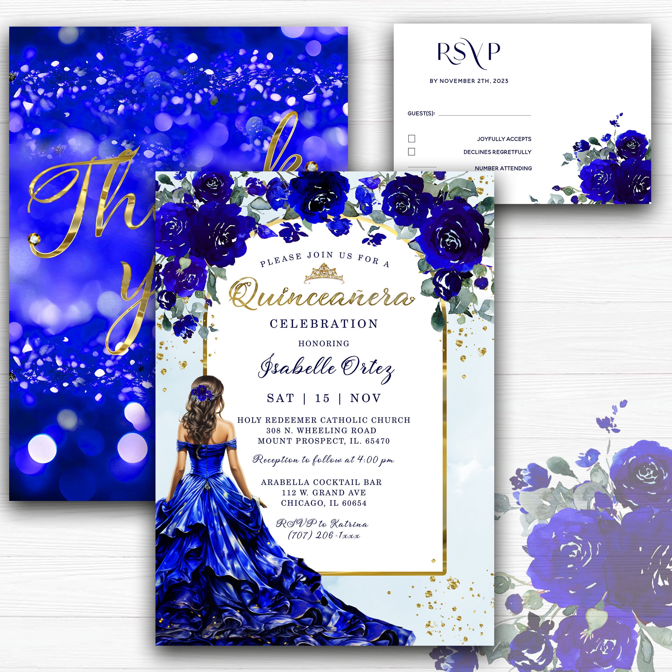 Quinceañera Invitations Royal Blue and Gold, Editable Themes Royal Blue ...