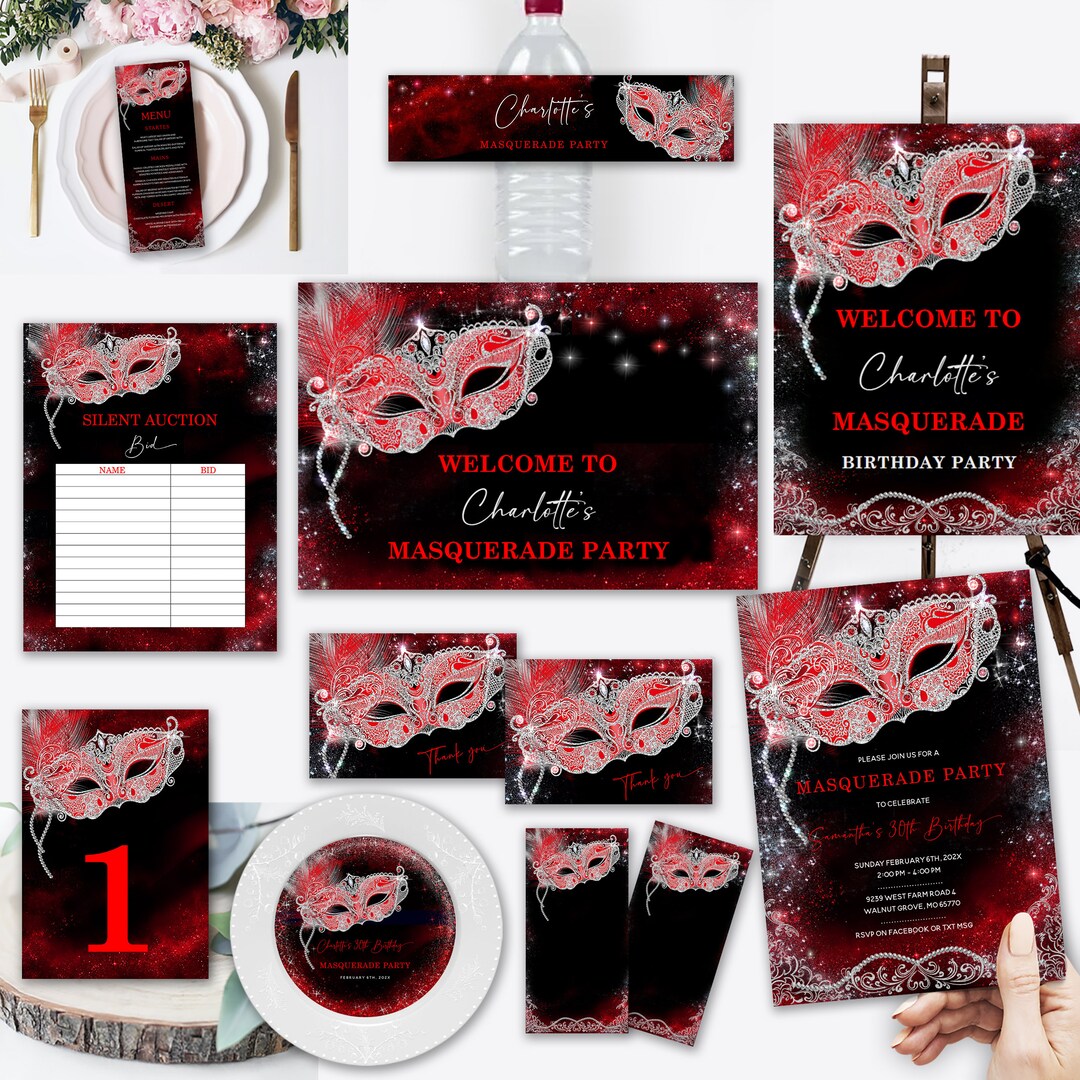 Editable Themes for Masquerade Party Bundle, Black Red Silver ...