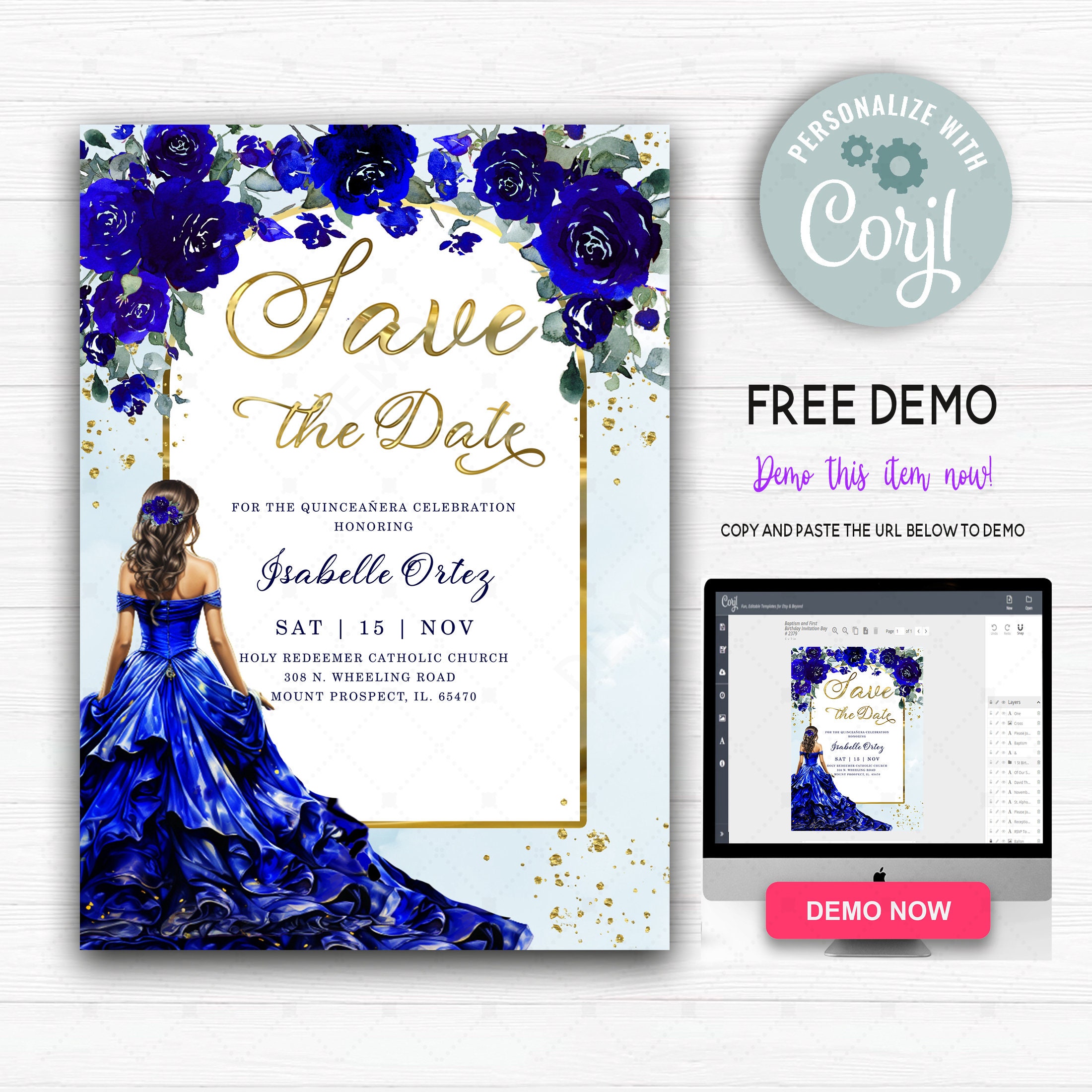 Quinceañera Save the Date Royal Blue and Gold, Editable Themes Royal ...