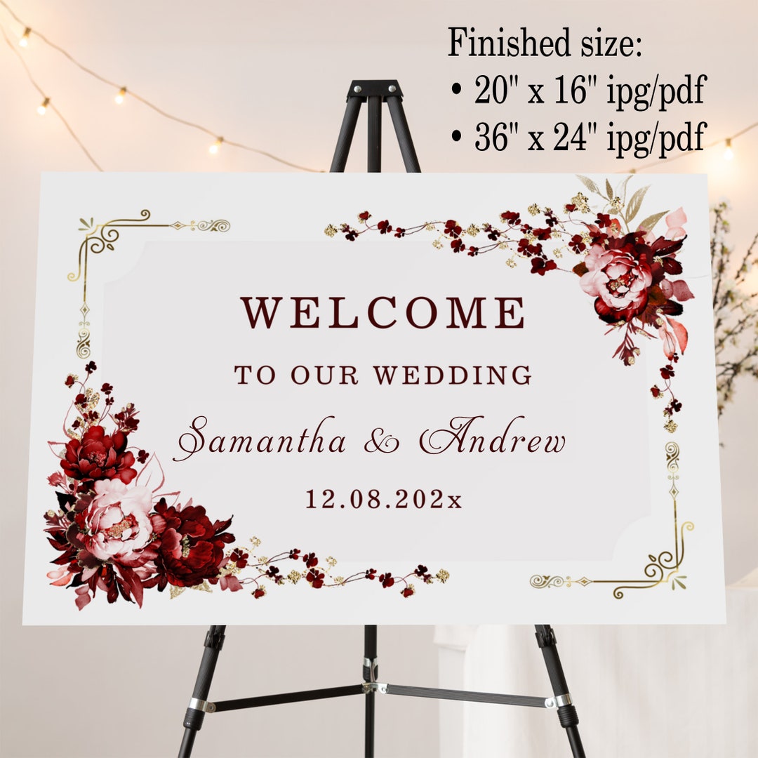 Gold and Burgundy Welcome Sign Template, Editable Burgundy Wedding ...
