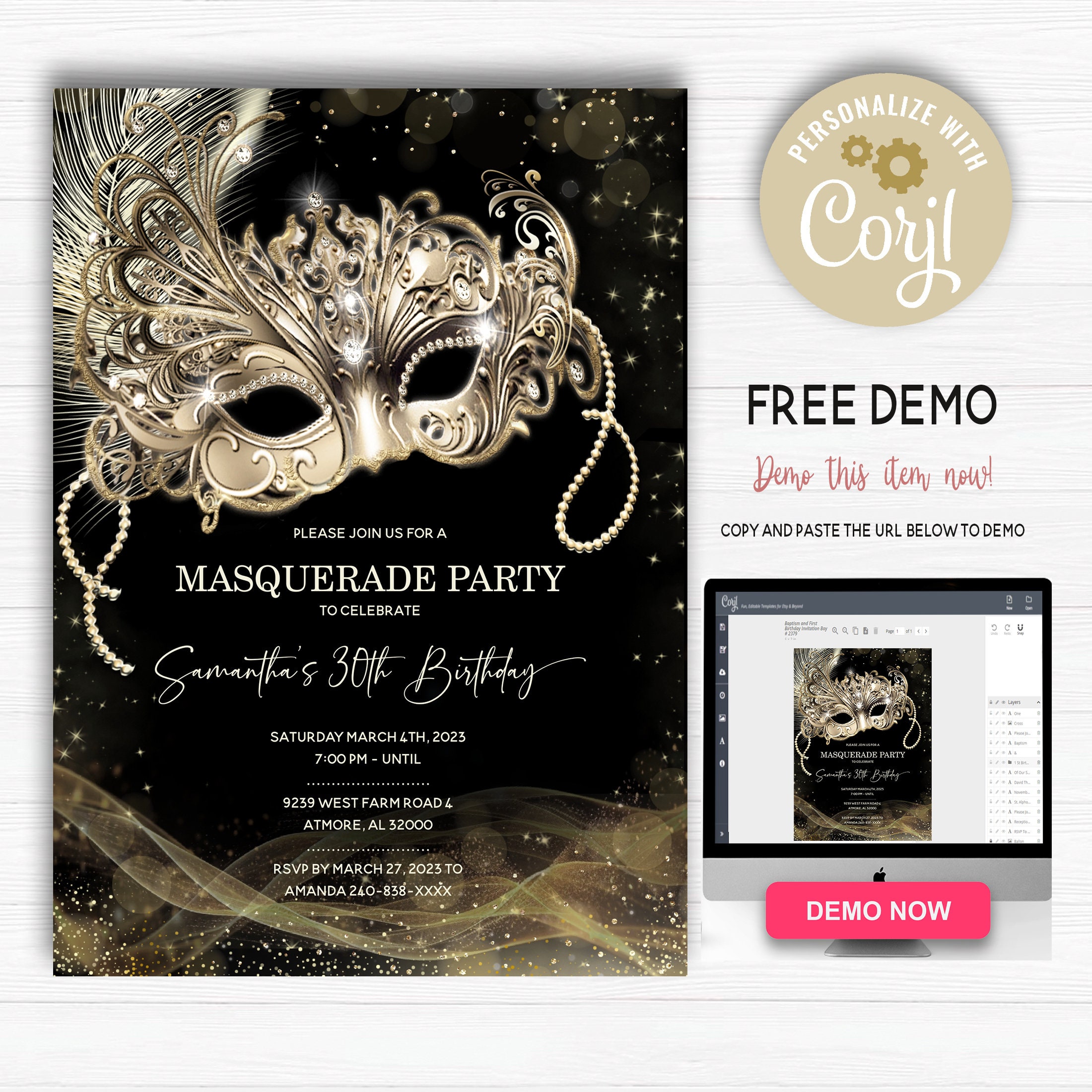Black Gold Masquerade Party Invite, Editable Themes for Masquerade ...