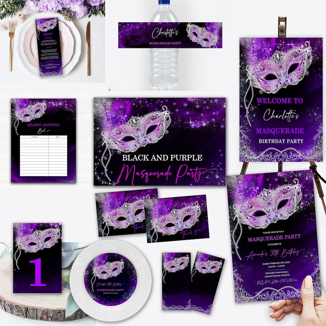 Editable Themes for Masquerade Party Bundle, Birthday Purple and Black ...