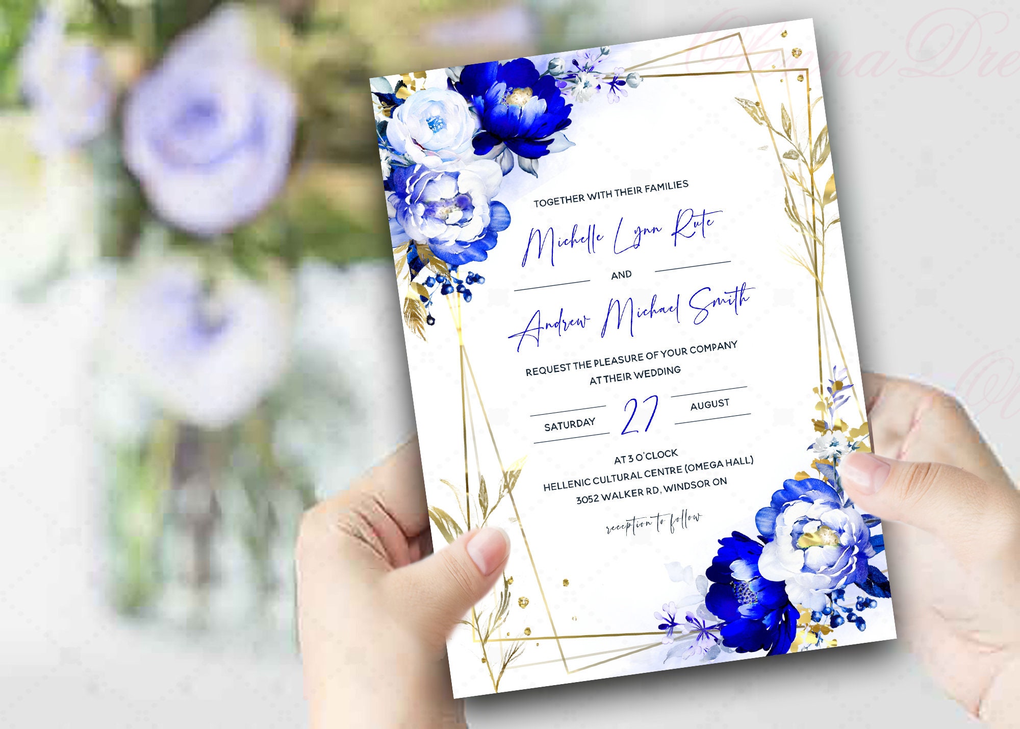 Royal Blue Wedding Invitation Template, Blue and Gold Wedding ...