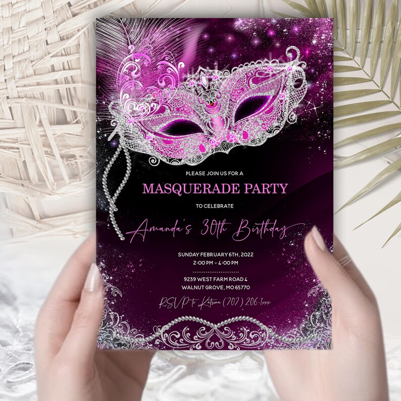 Editable Pink Themes for Masquerade Party, Birthday Masquerade Party ...