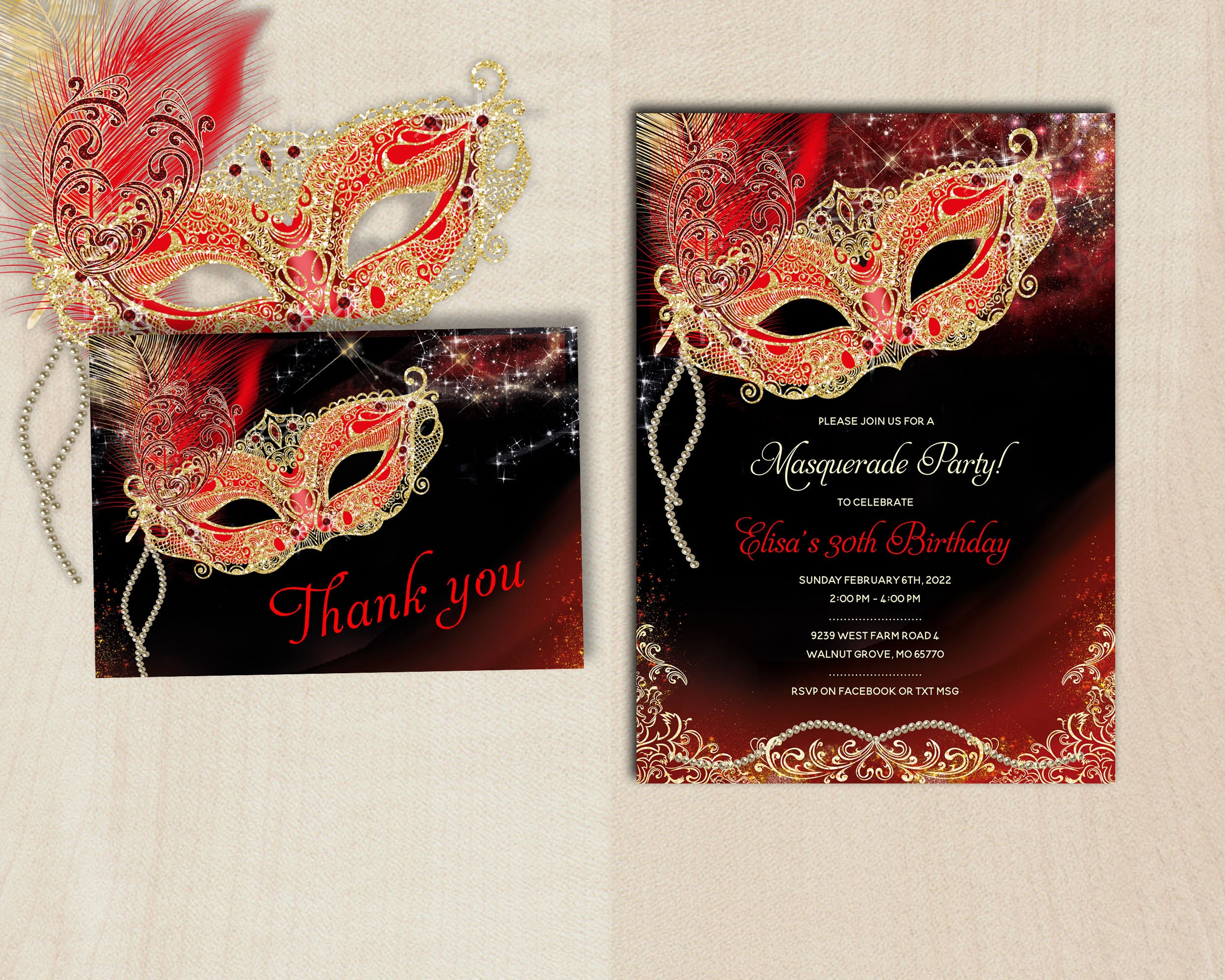Editable Themes for Masquerade Party Bundle, Black Red Gold Birthday ...