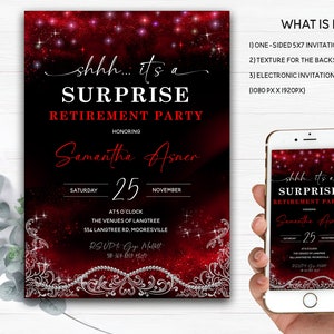 Surprise Retirement Invitation Black Red, Editable Retirement Party ...