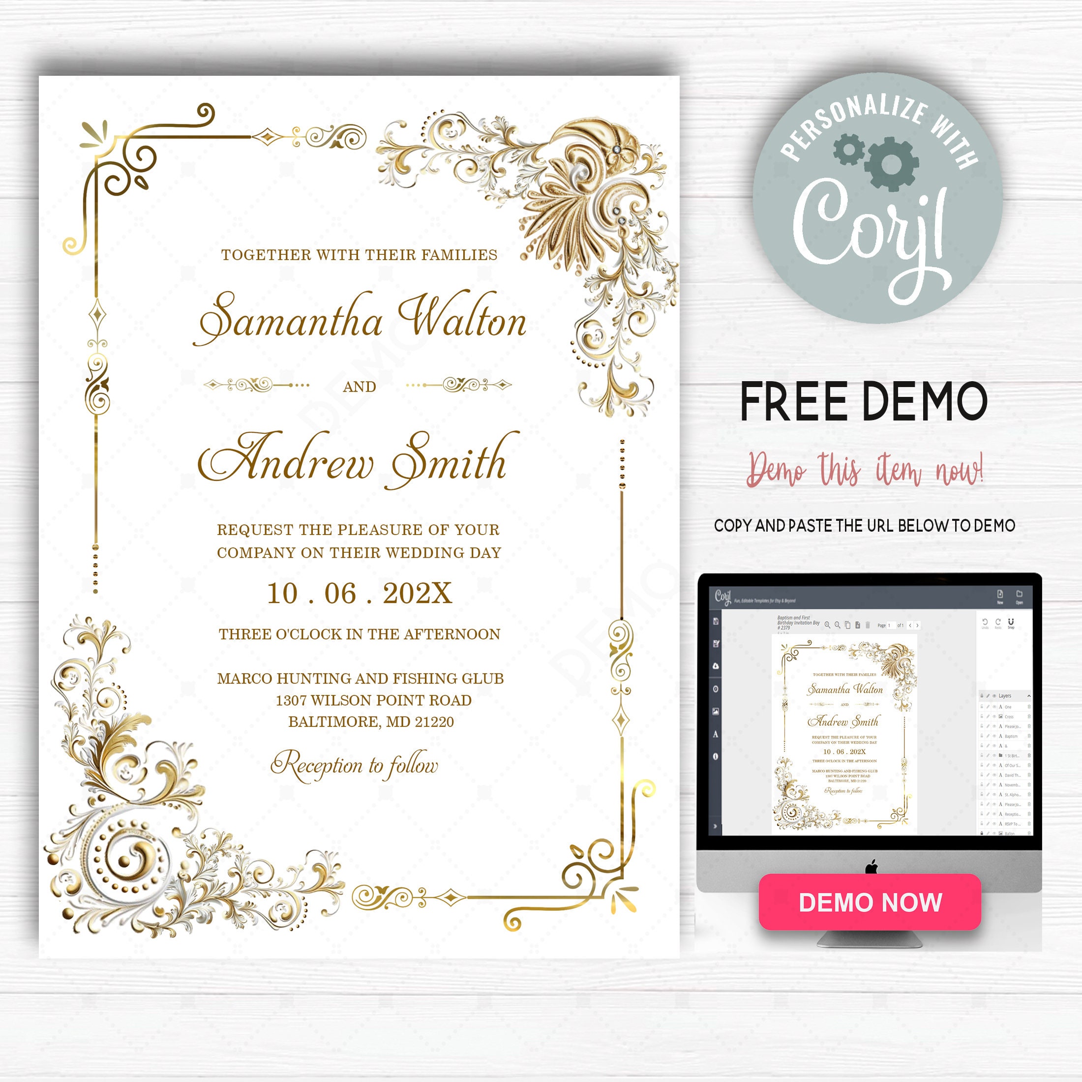 Editable Gold and White Wedding Invitations, Elegant White Gold Wedding ...