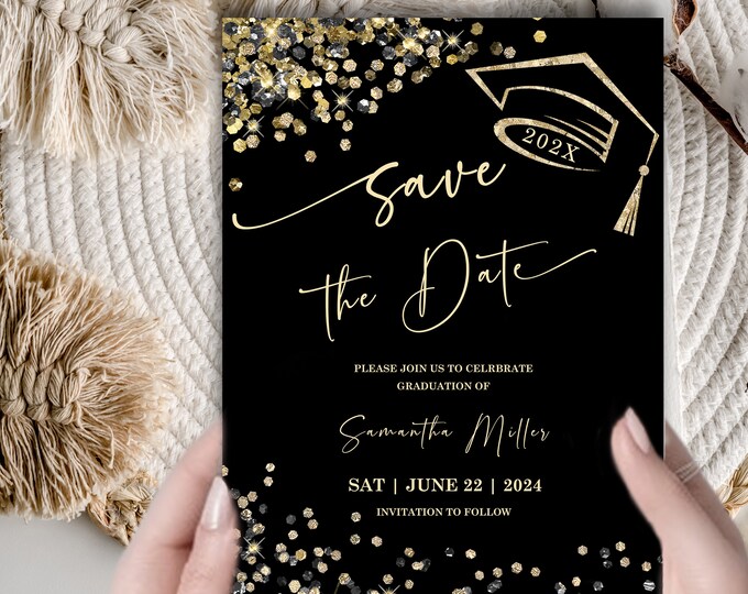 Save the Date Graduation, Black and Gold Save the Date Graduation ...