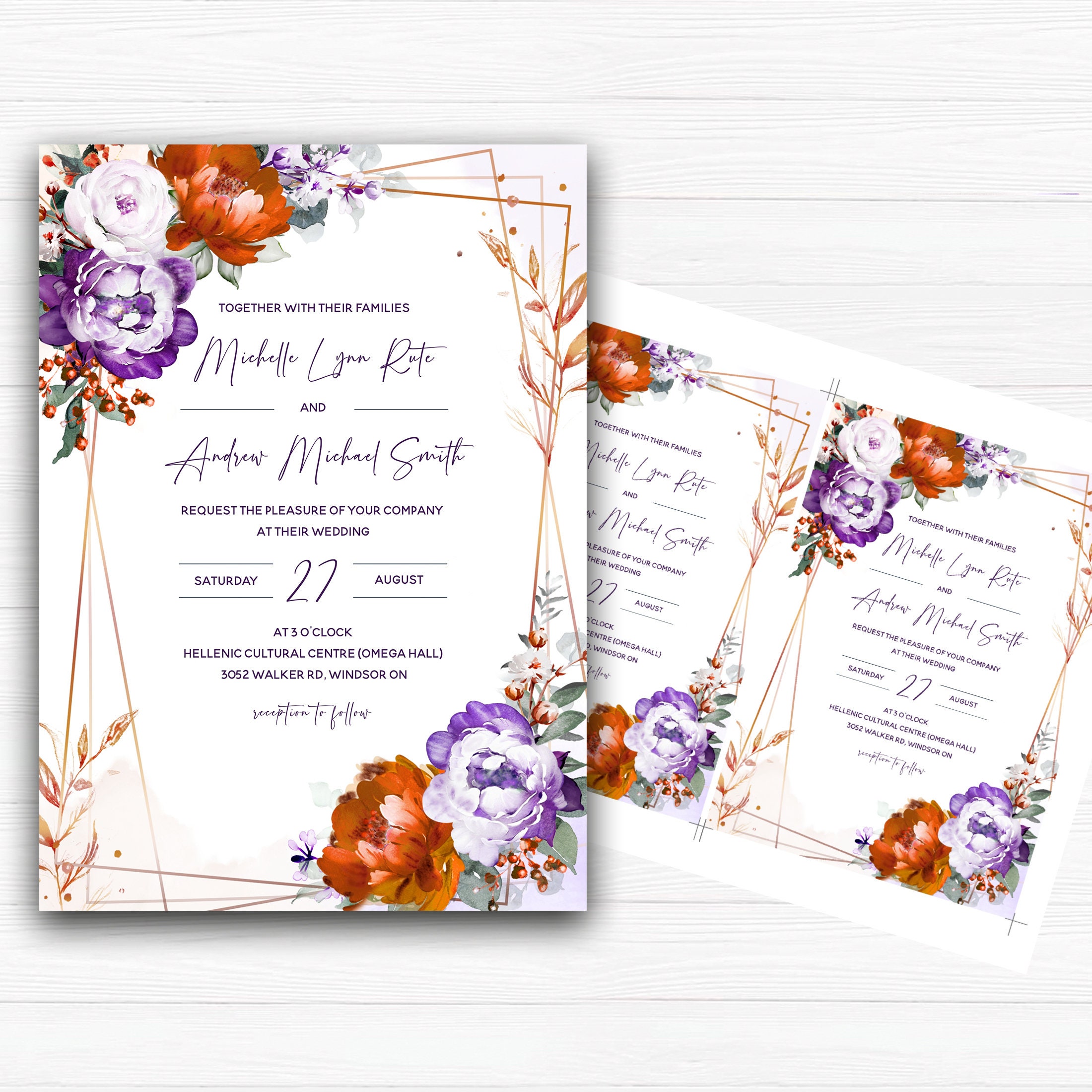 Purple and Burnt Orange Wedding Invite Burnt Orange and - Etsy