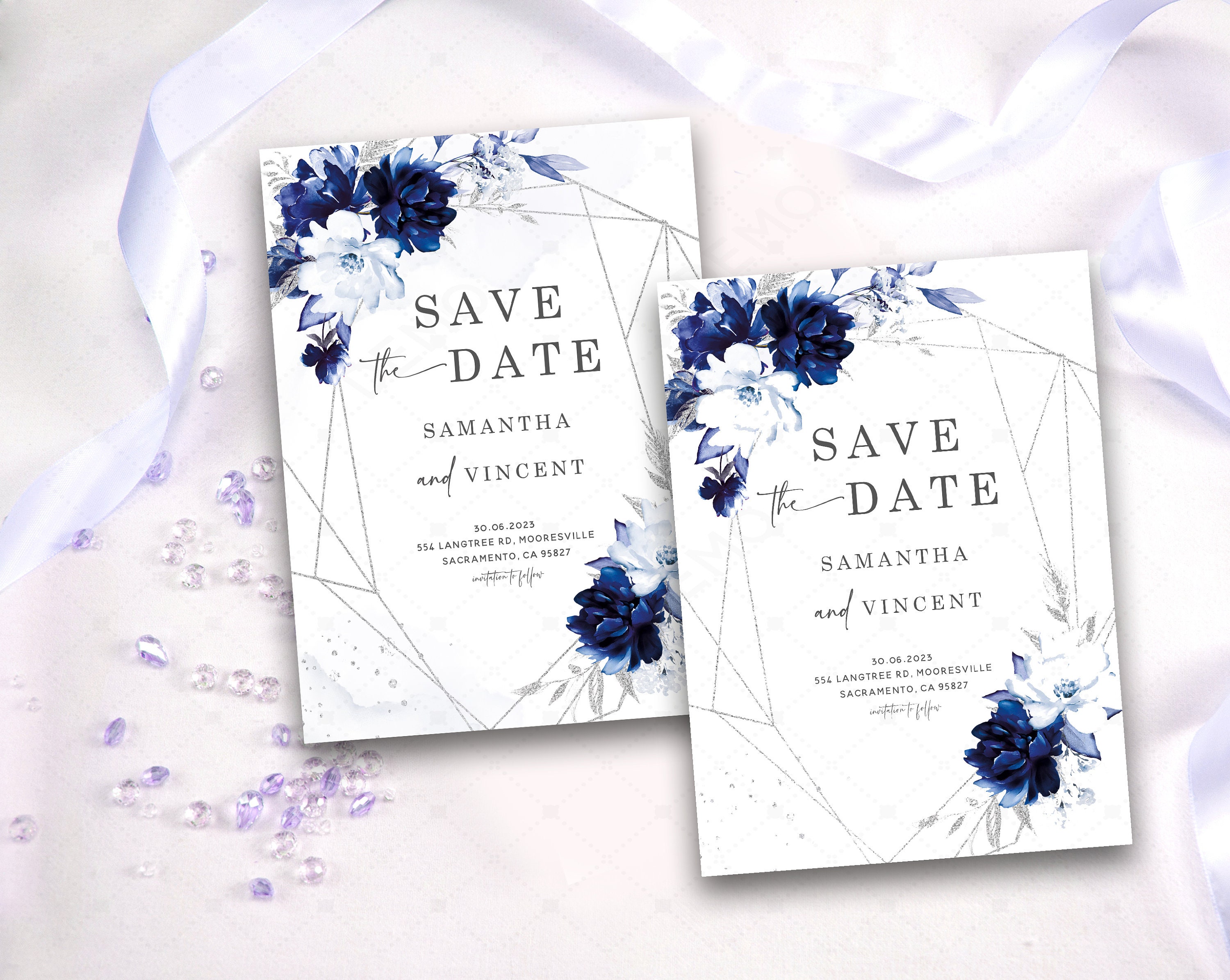Royal Blue Save the Date Template, Blue and White Save the Date ...