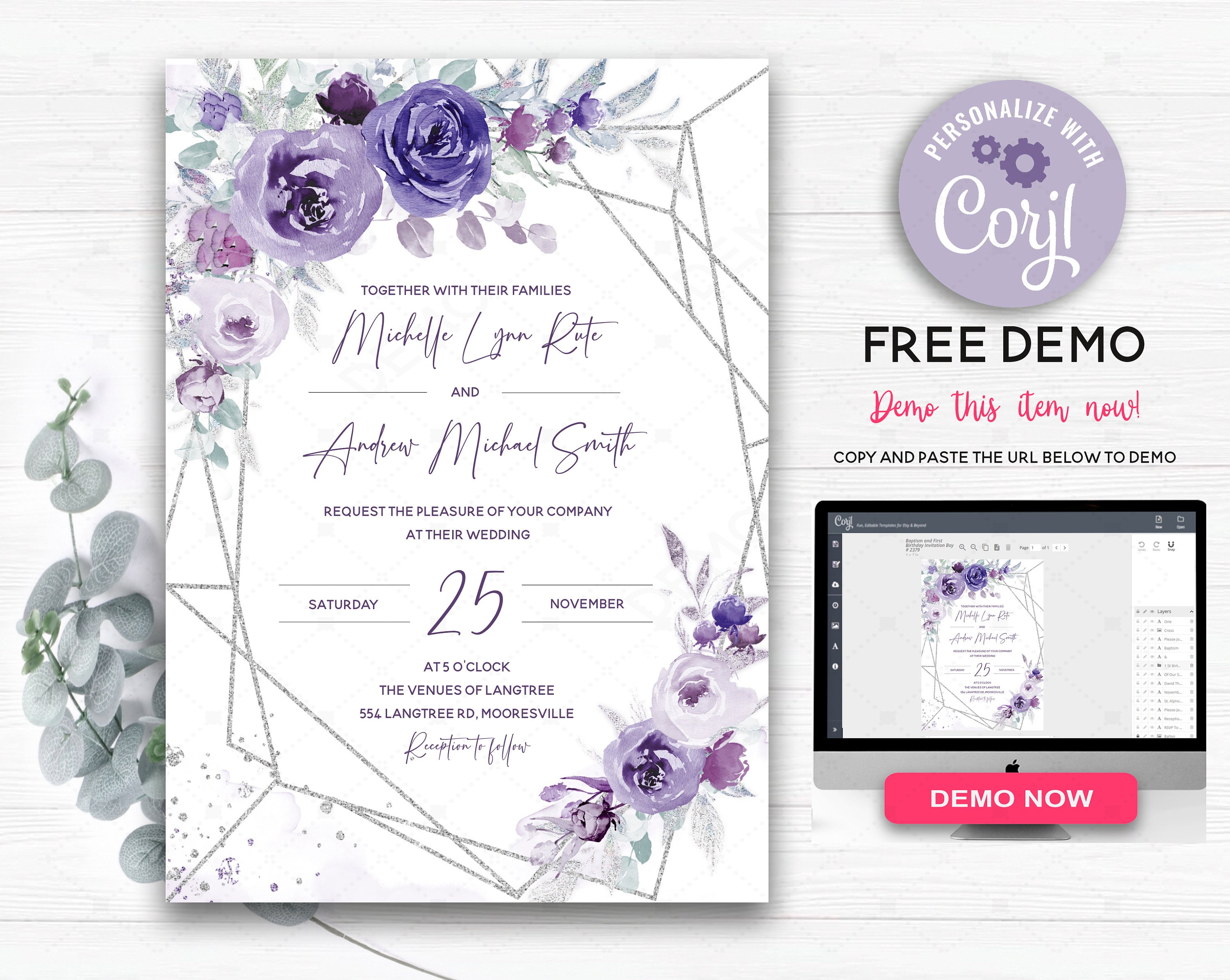 Silver and Purple Wedding Invitation Kits, Purple Floral Wedding ...
