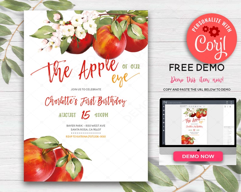 Editable Apple of Our Eye Birthday Party Invitation, Apple First ...