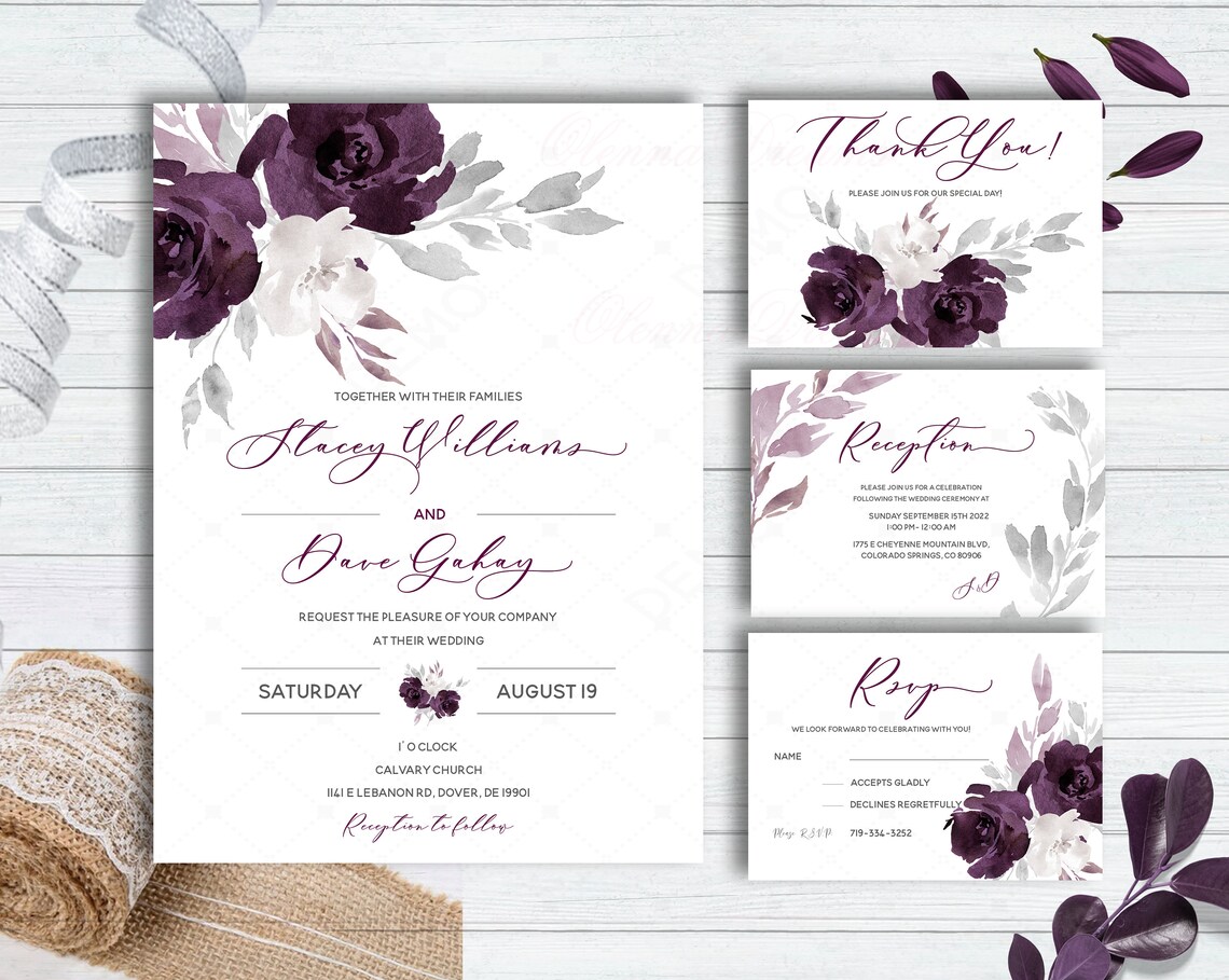 Plum and Grey Wedding Invitations Set Plum and Grey Wedding | Etsy