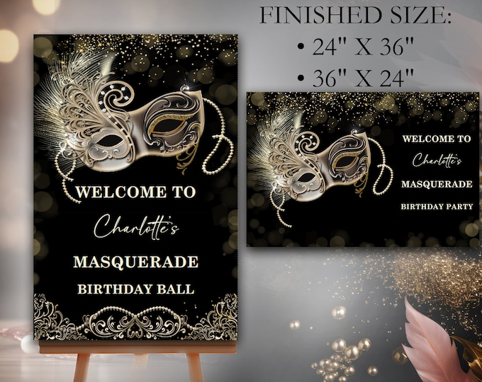 Masquerade Party Welcome Sign, Editable Black Gold Masquerade Ball ...