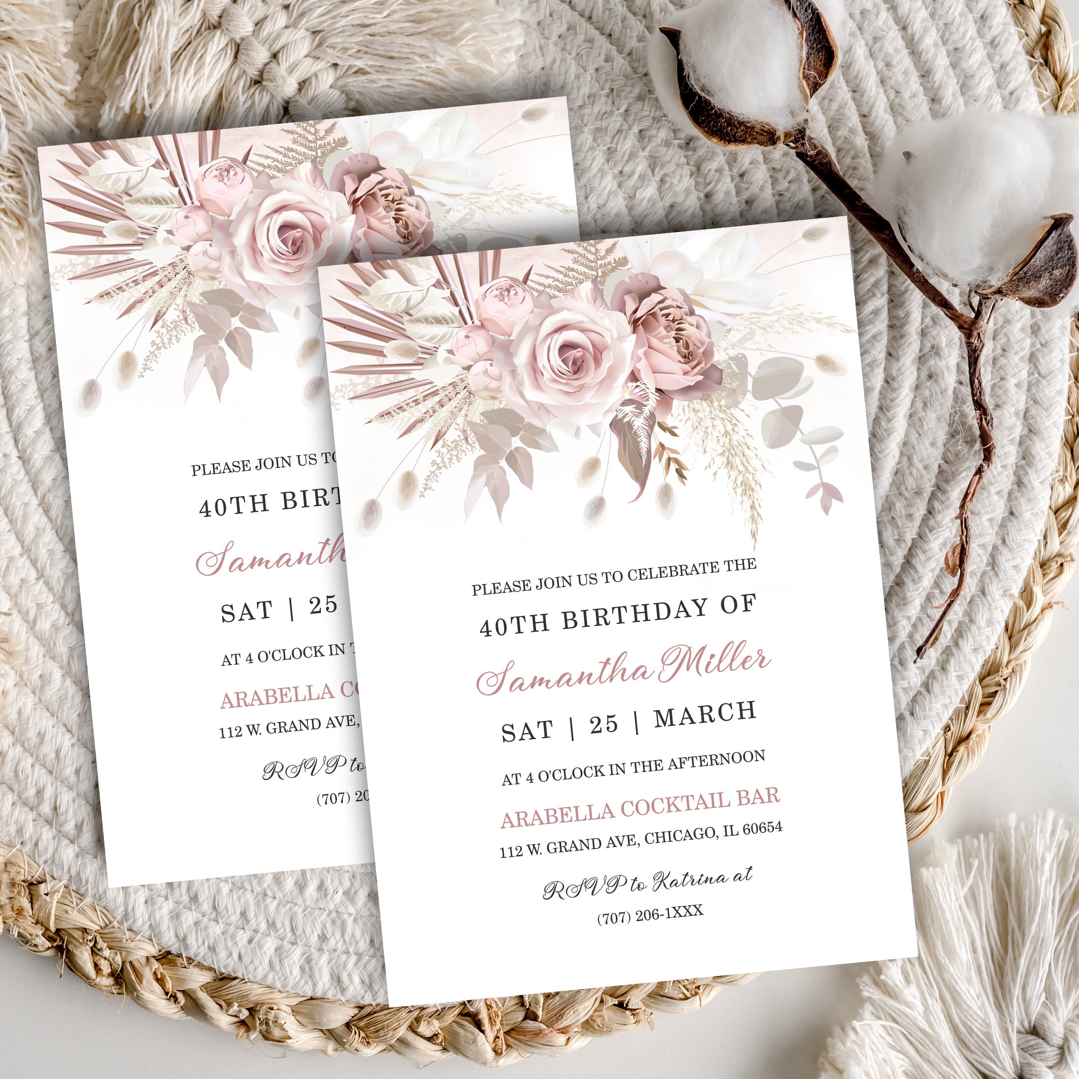 Editable Pink Boho 40th Birthday Invitation, Unique Pink Boho Party ...