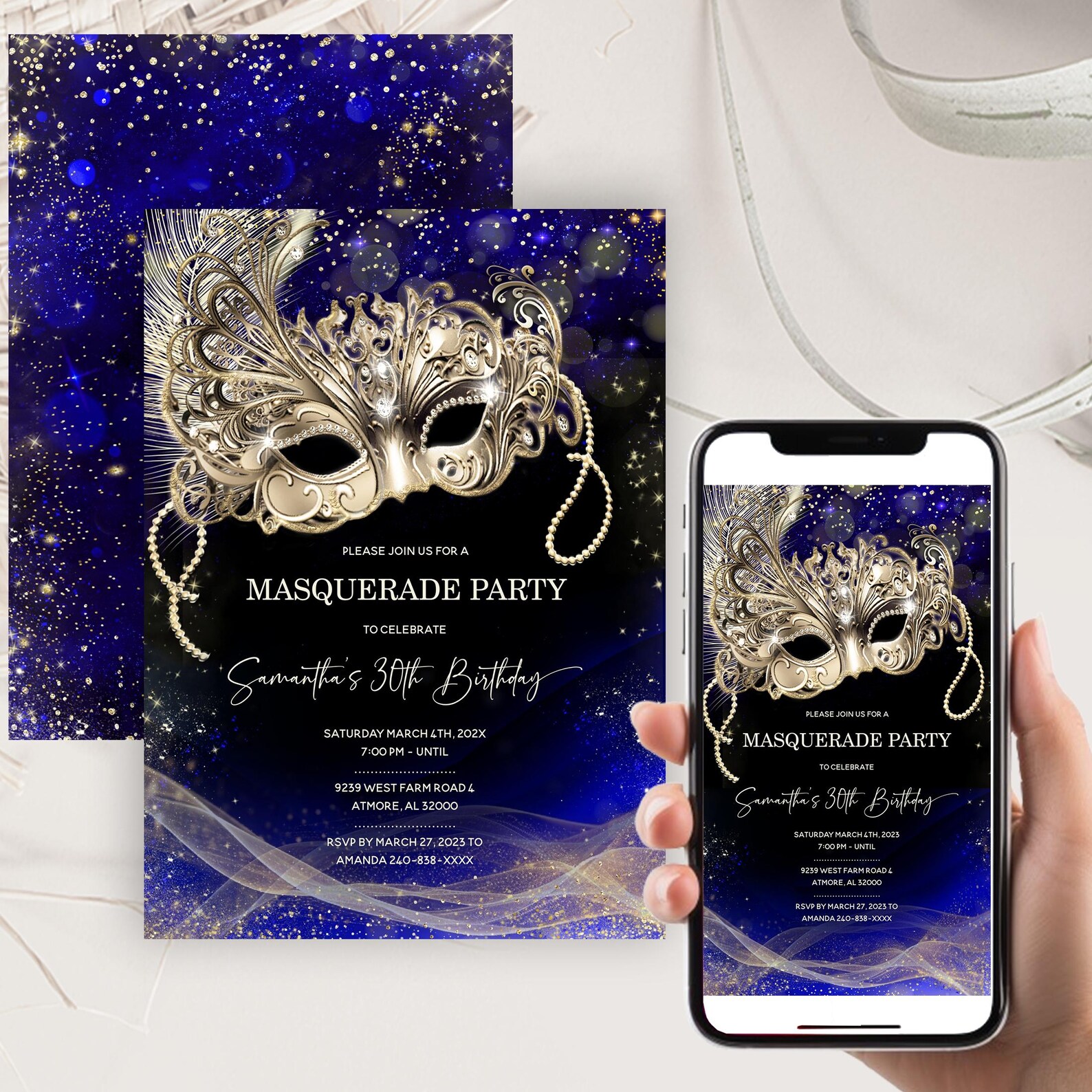 Editable Blue Gold Themes for Masquerade Party Bundle, Birthday Blue ...