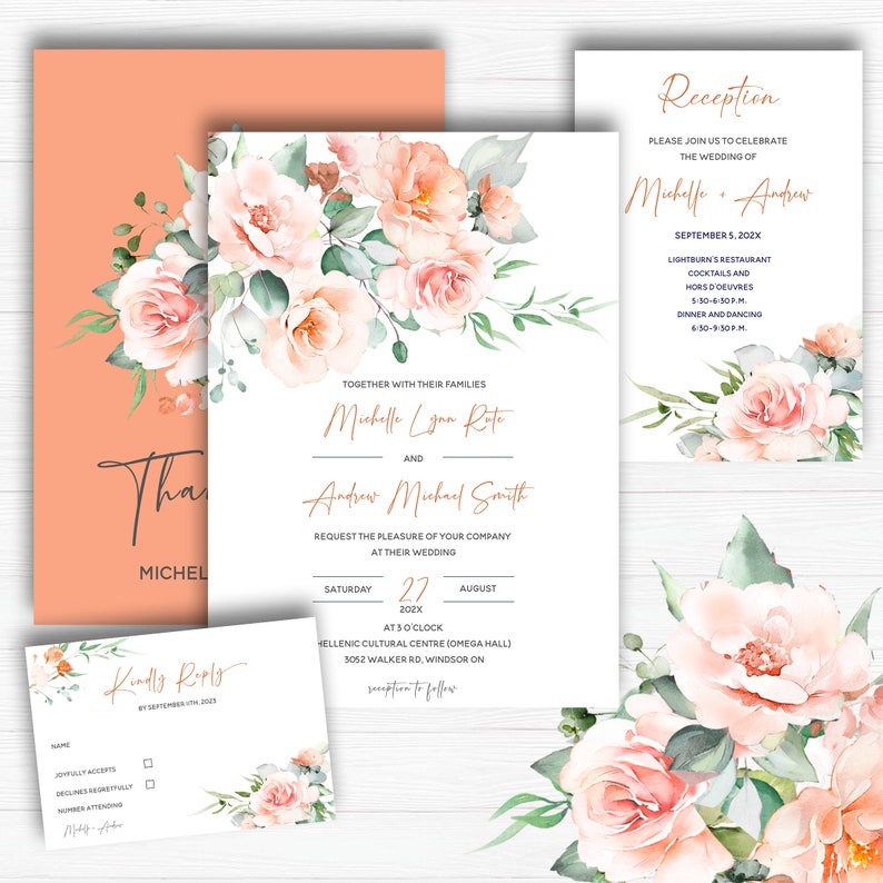 Peach Greenery Wedding Invitation Suite, Modern Light Peach Wedding Invitation Template, Light ...