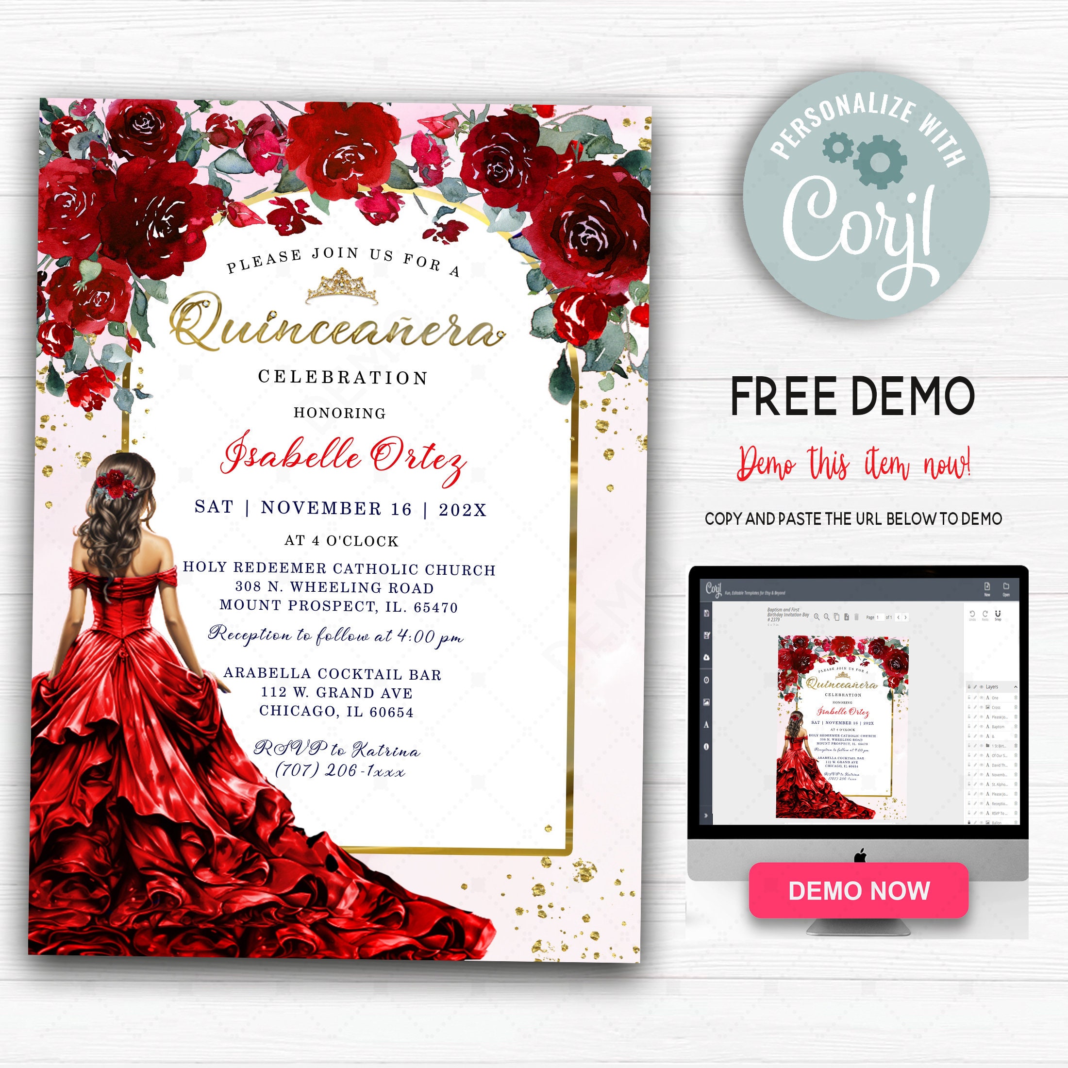 Quinceañera Invitations Red and Gold, Editable Themes Red Quinceanera ...