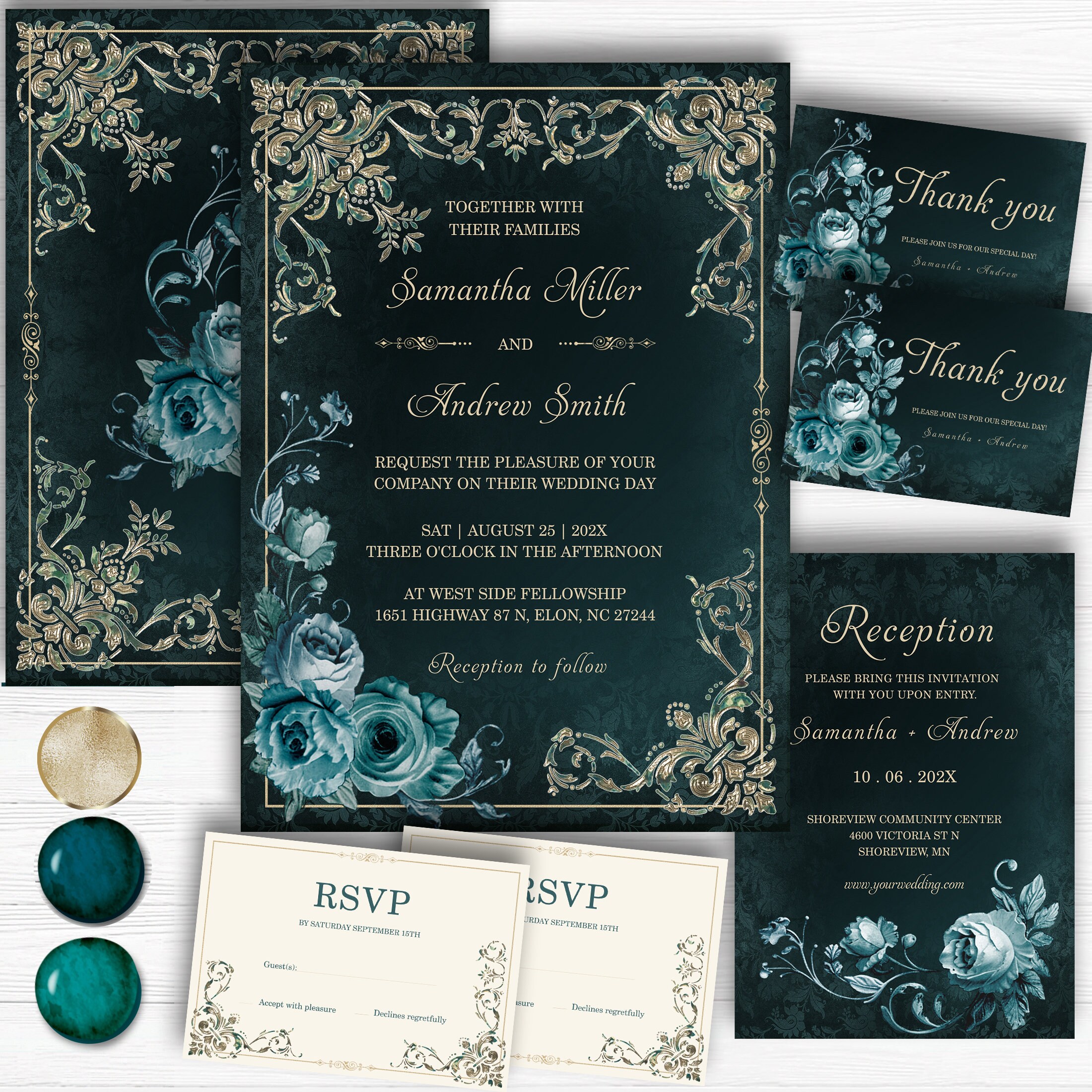 Vintage Emerald Green and Gold Wedding Invitation Set, Printable ...