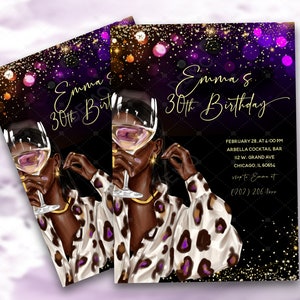 African American Woman Birthday Invitations, Editable Black Gold ...
