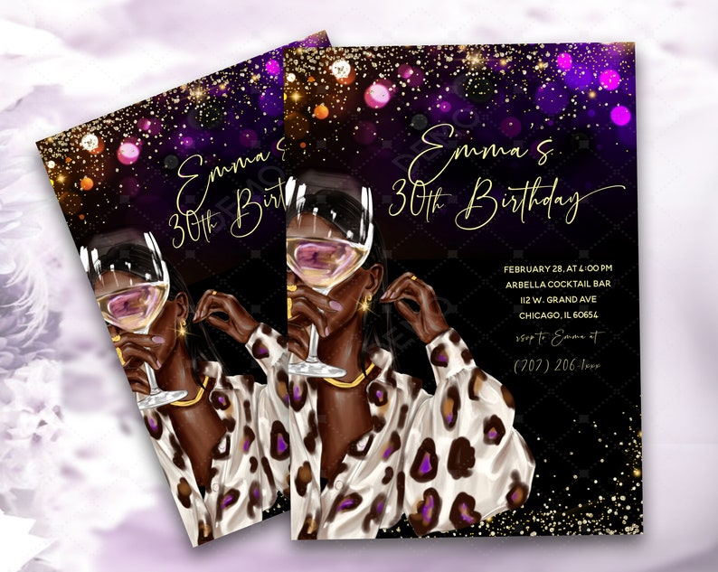 African American Woman Birthday Invitations, Editable Black Gold ...