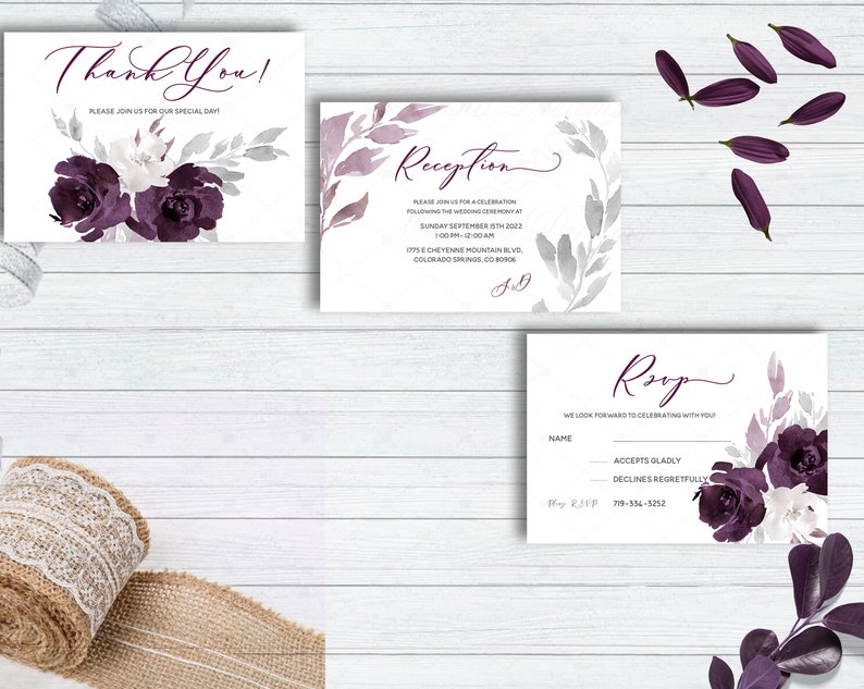 Plum and Grey Wedding Invitations Set Plum and Grey Wedding - Etsy