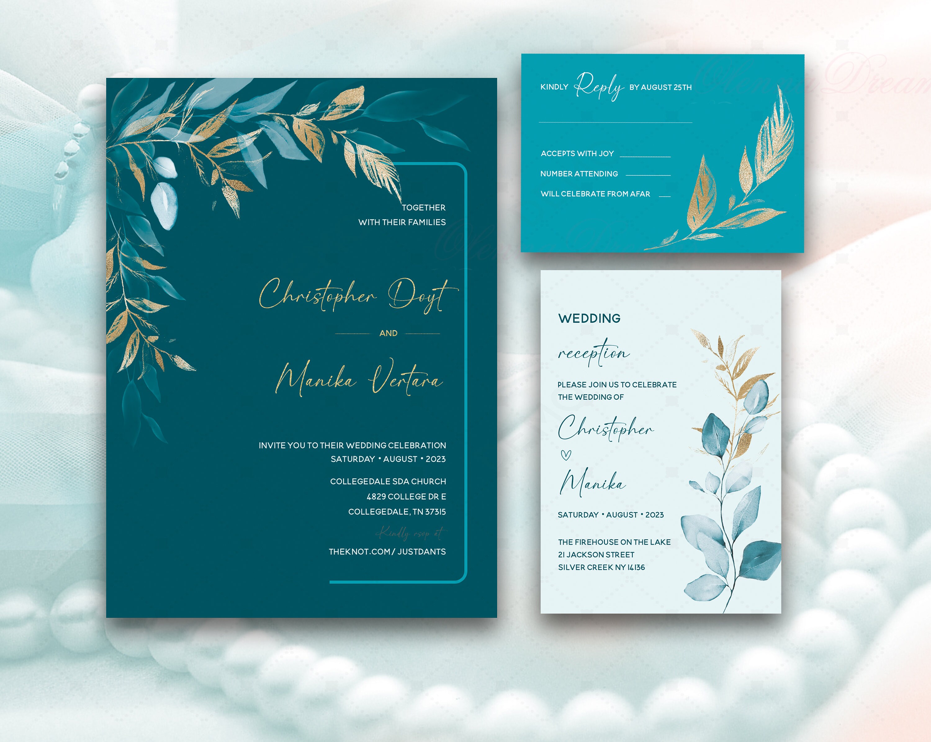 Turquoise And Gold Wedding Invitations
