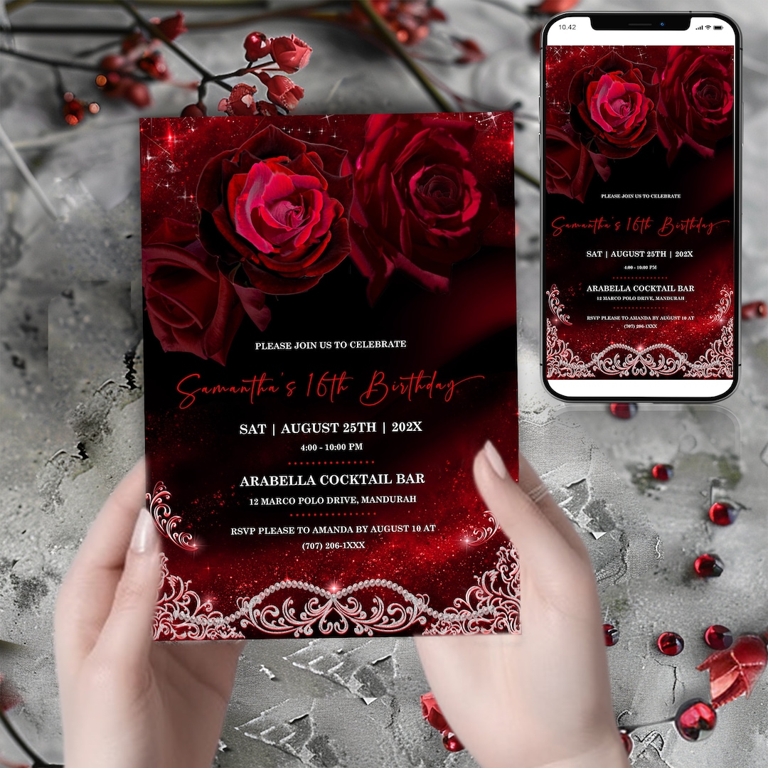 Red Black Sweet Sixteen Invitation Girl 16th, Red and Black Sweet ...