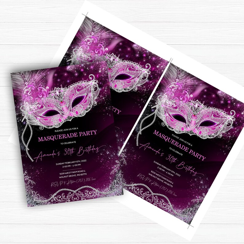 Editable Pink Themes for Masquerade Party, Birthday Masquerade Party ...
