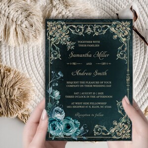Vintage Emerald Green and Gold Wedding Invitation Set, Printable Emerald Wedding Template ...