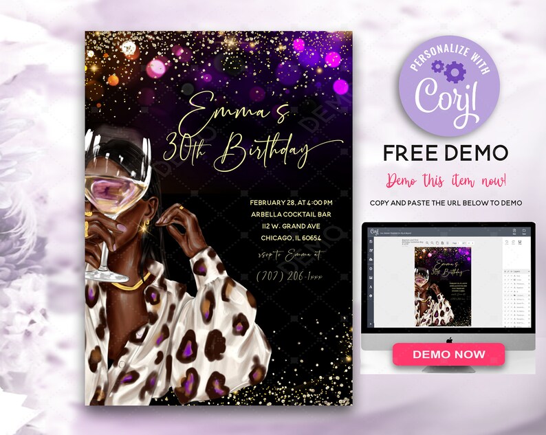 African American Woman Birthday Invitations, Editable Black Gold ...