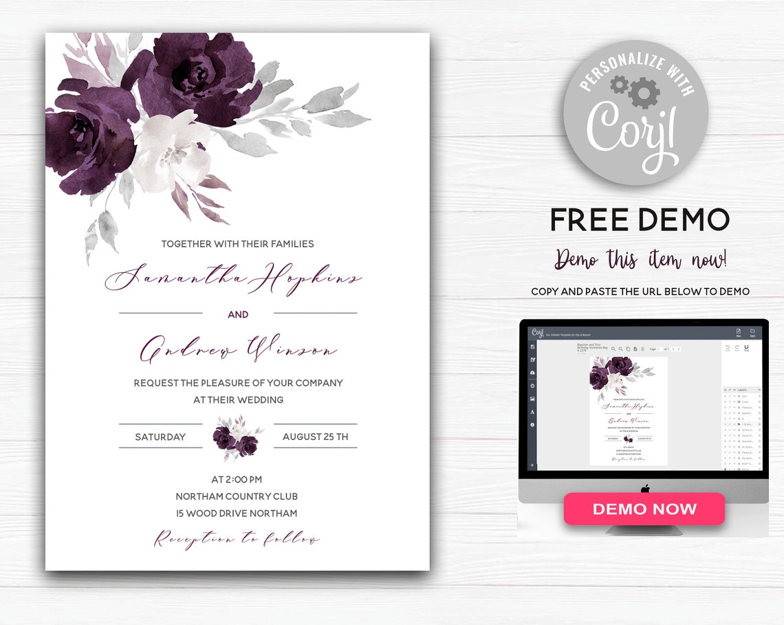 Plum and Grey Wedding Invitations Set, Plum and Grey Wedding Invitation ...