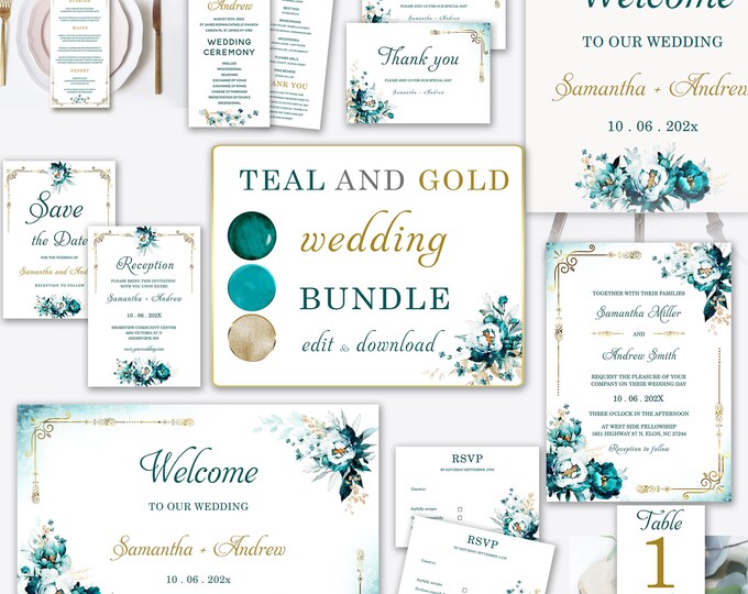 Editable Teal and Gold Wedding Bundle, Printable Aqua and Gold Wedding ...